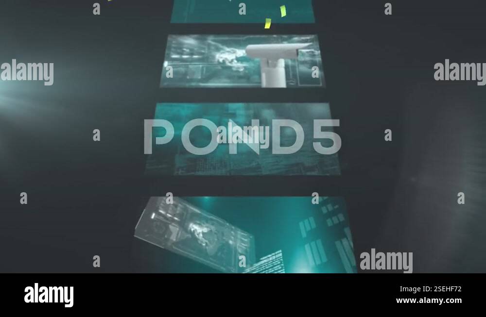 Animation of gold confetti falling over data processing on cascading ...