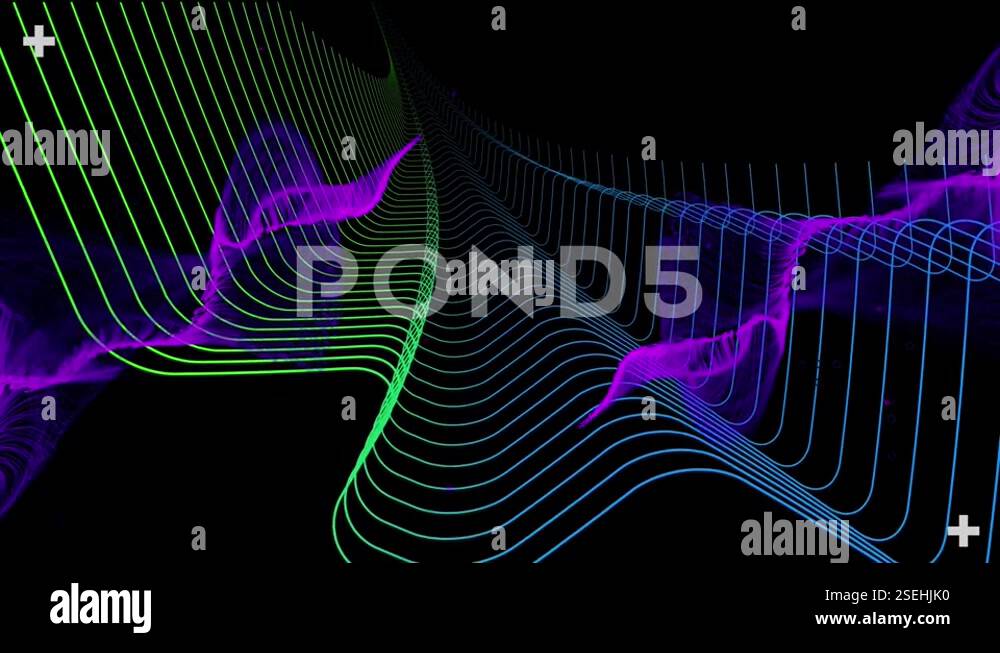 Animation of floating purple vapour over parallel green and blue lines ...
