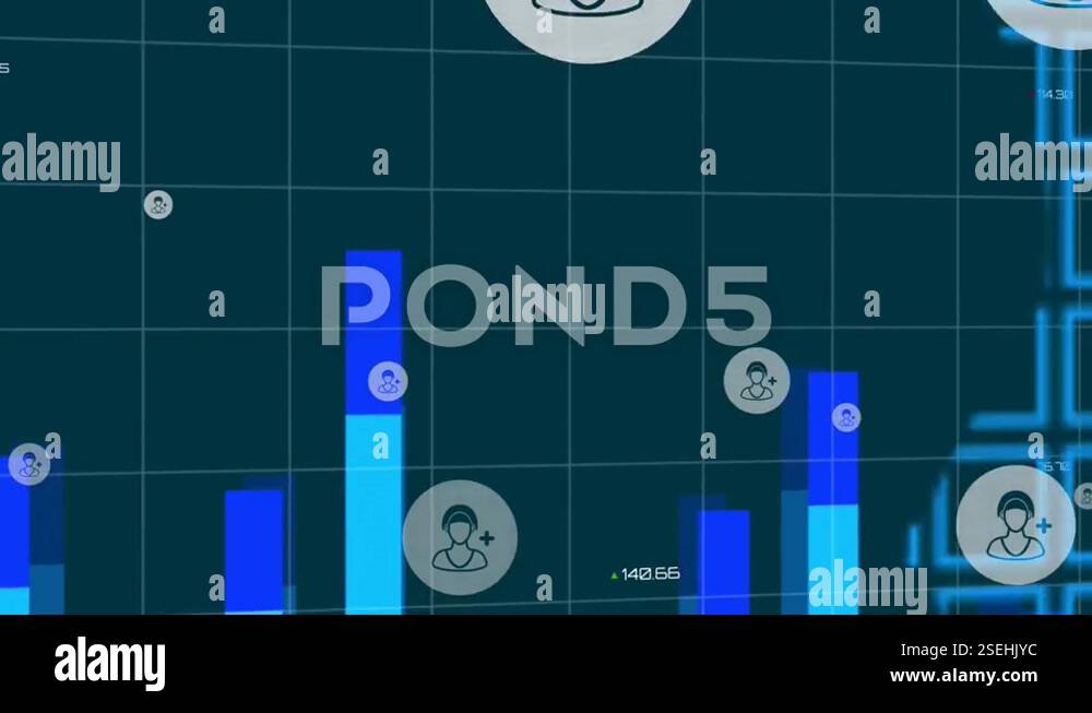 Animation of people icons and graphs over data processing and network ...