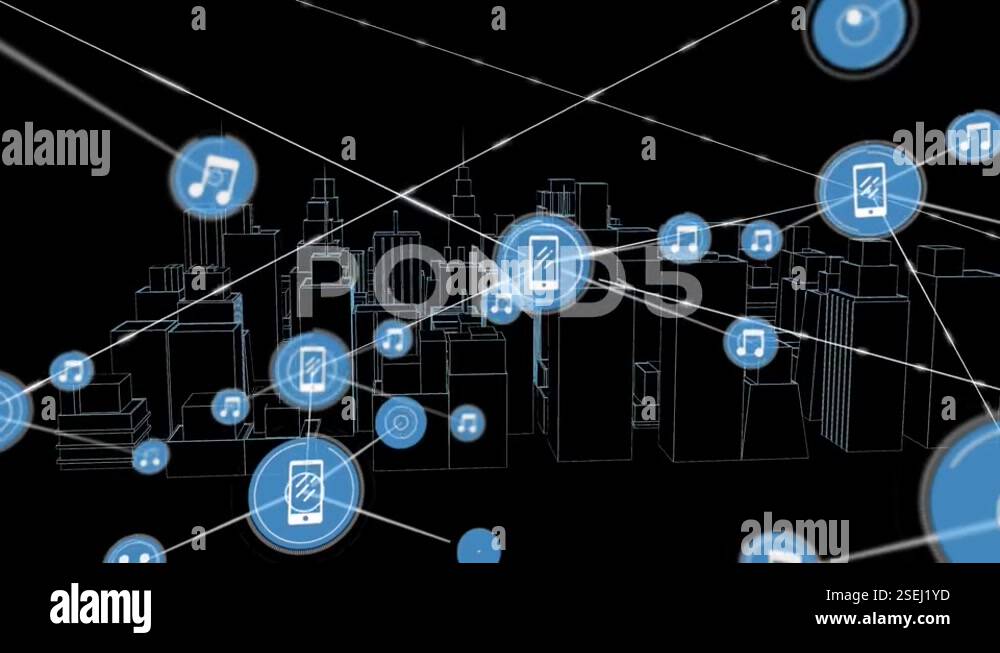 Animation of networks of connections with icons over 3d city drawing ...