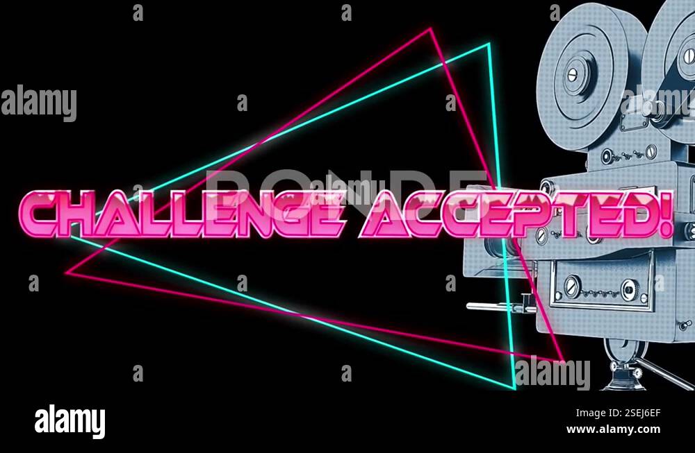 Animation of pink text challenge accepted, over neon lines and movie ...