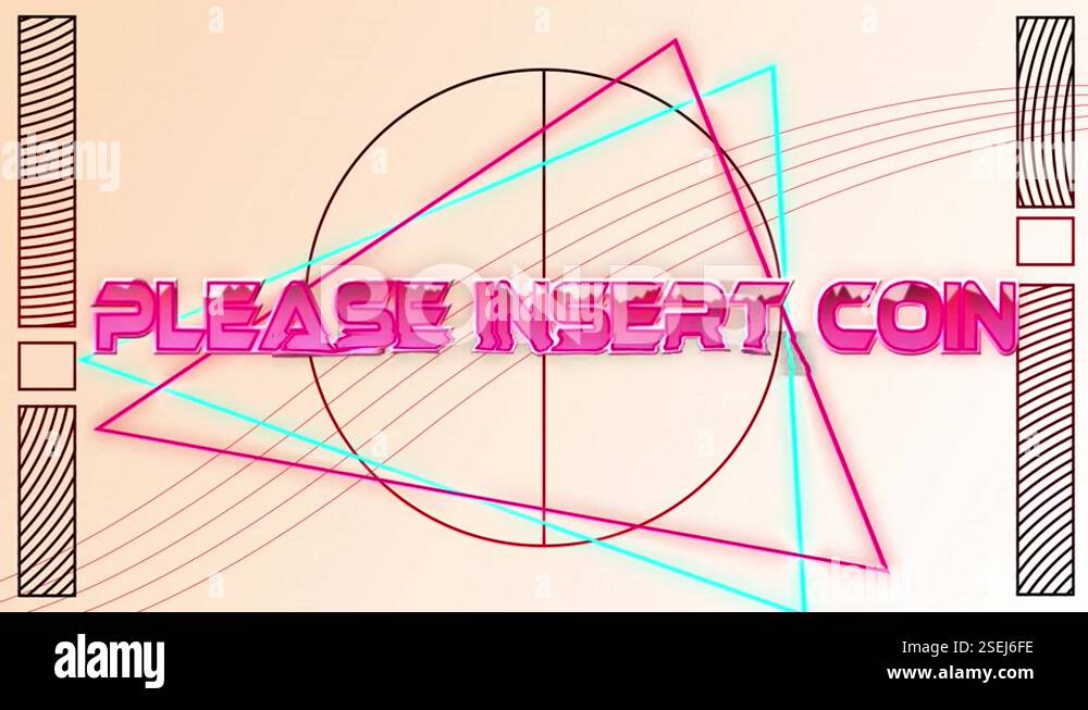 Animation of please insert coin text in pink metallic, over neon lines ...