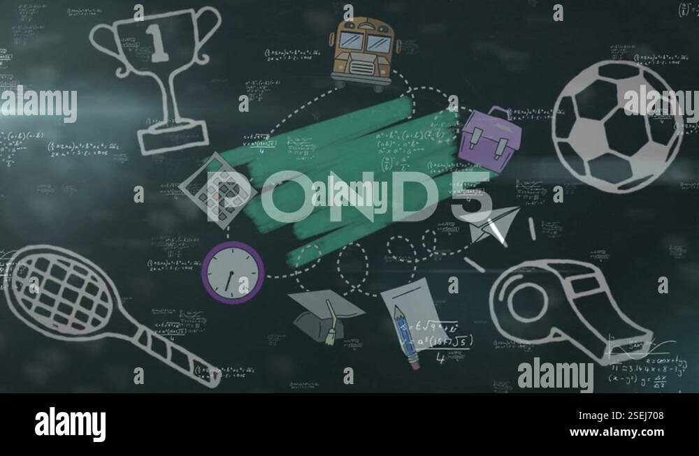 Animation of mathematical formulas and school items icons over graphics ...