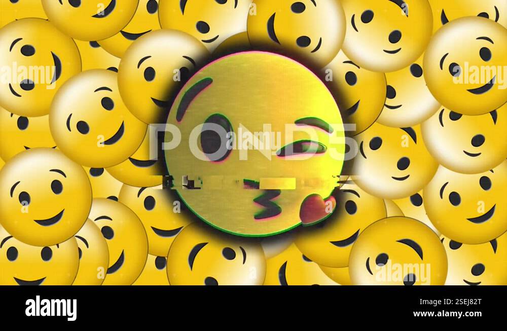 Glitch effect over face blowing a kiss emoji against multiple winking ...