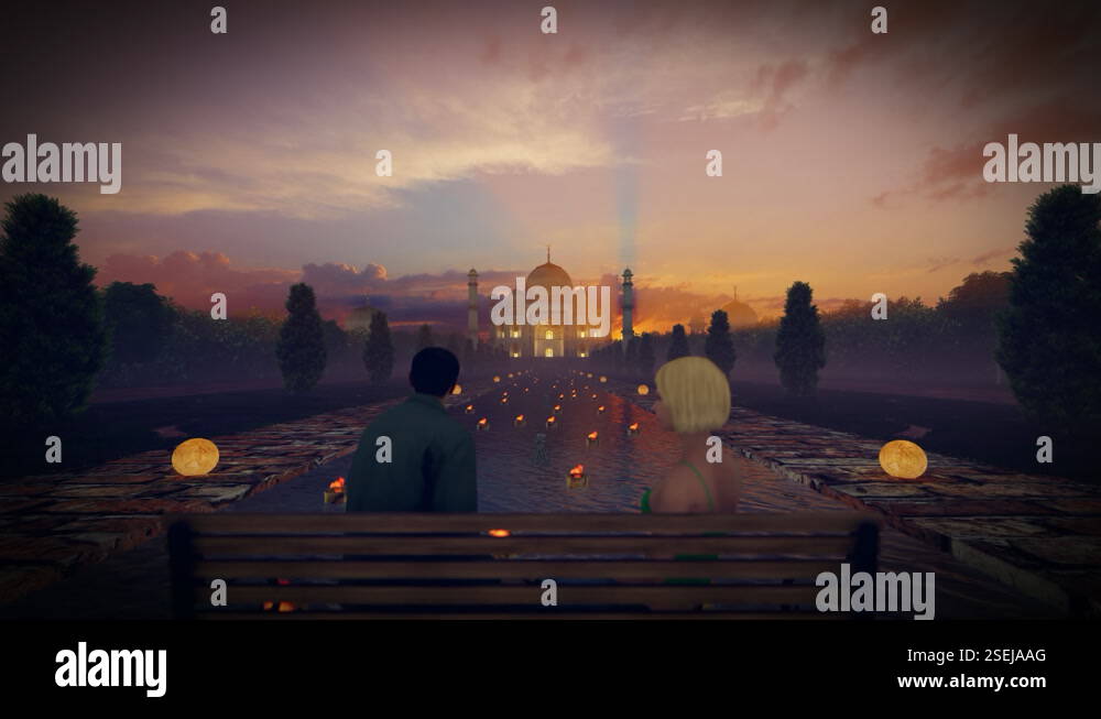 Beautiful Couple And Candles Floating In Front Of Taj Mahal Against ...