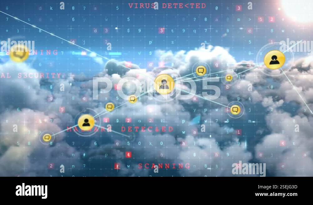 Animation of networks of connections with icons over cyber attack ...