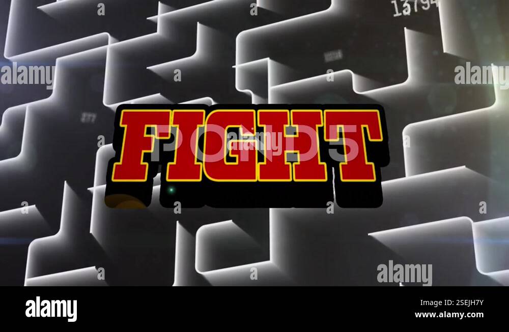 Animation of fight text and data processing over white shapes on black ...