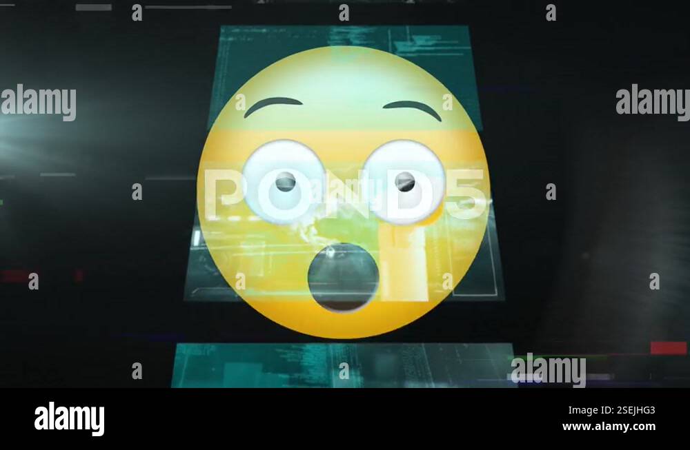 Multiple screens with data processing against surprised face emoji on ...