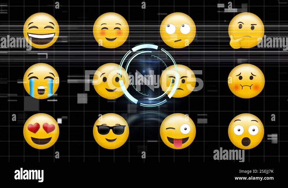 Digital animation of neon round scanner over multiple face emojis ...