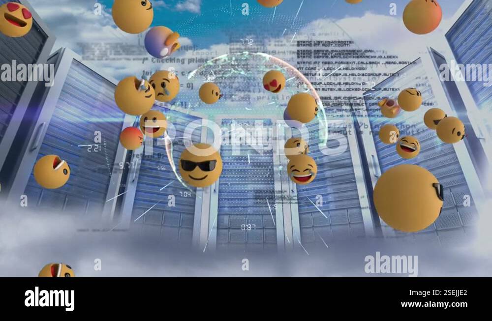 Multiple face emojis floating over spinning globe and computer server ...