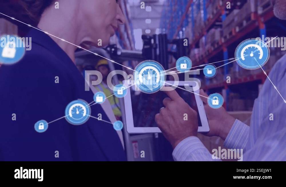 Animation of network of connections with icons over man and woman working in Stock Video Footage ...