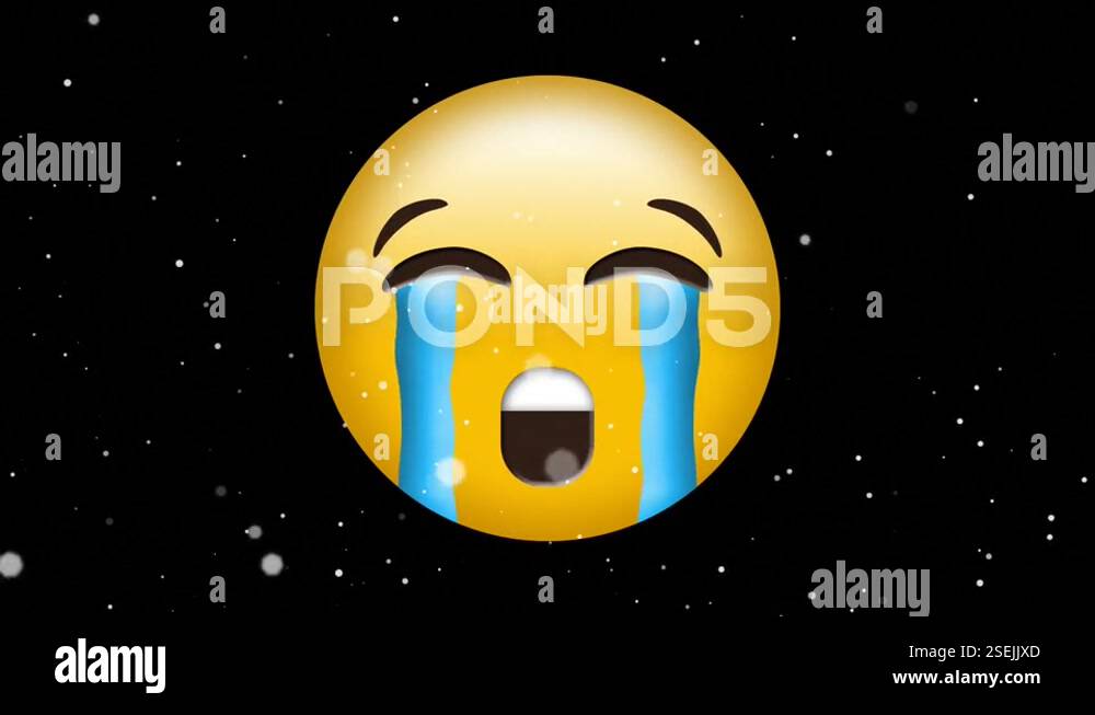 Animation of sad emoji icon over falling white spots on black ...