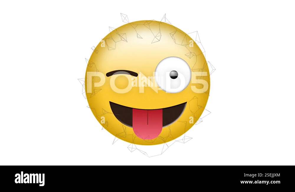 Animation of happy emoji icon over networks of connections on white ...