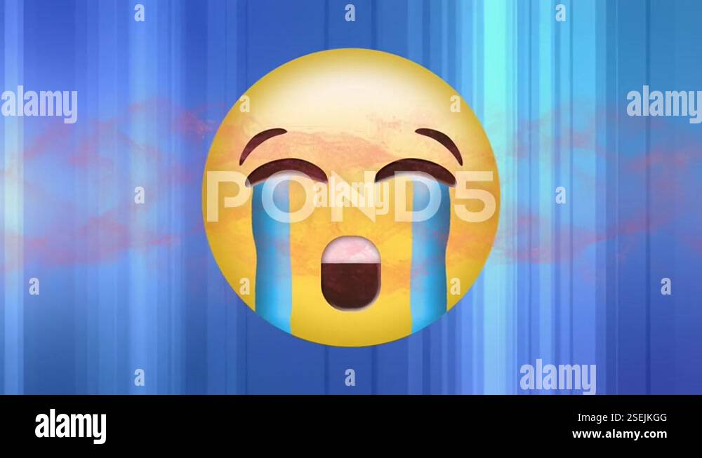 Digital animation of red digital wave over crying face emoji against ...