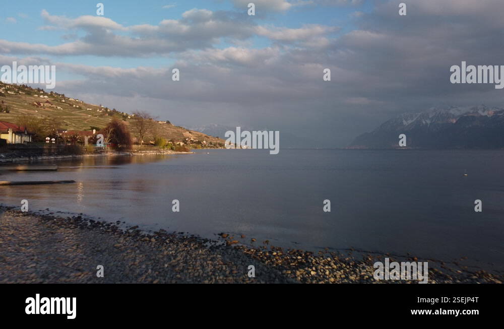 Low fly over between two trees and over Lake Geneva in Lutry ...