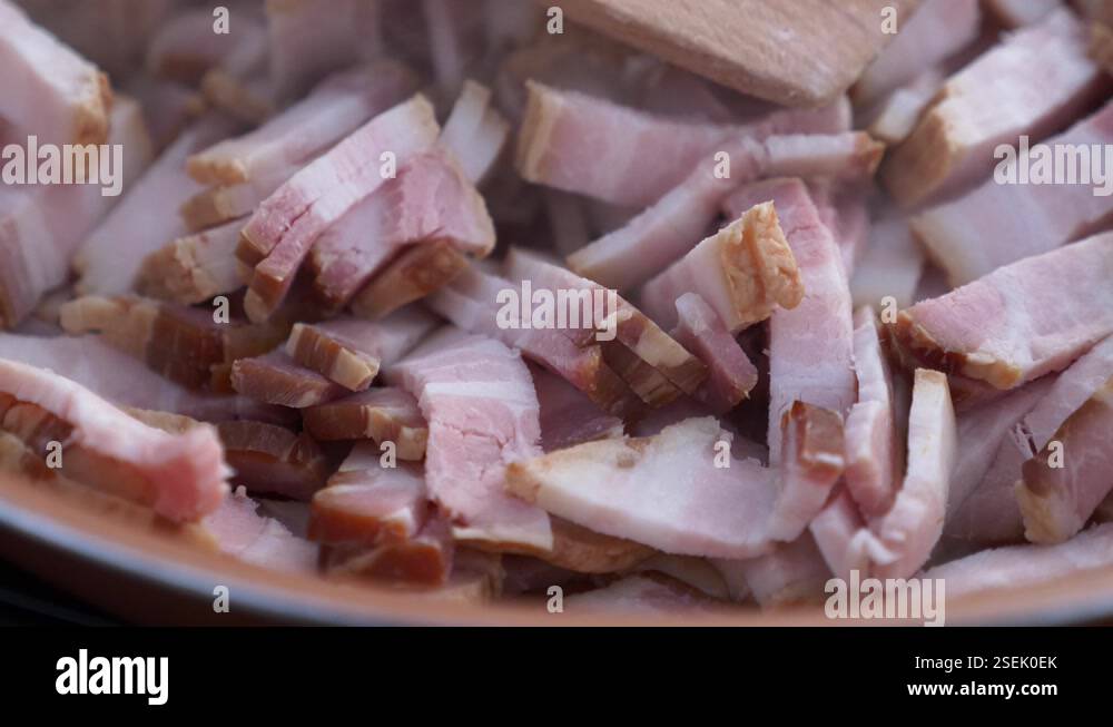 Extreme Close Up Of Fresh Pork Meat Cooking In A Skillet With Steam ...