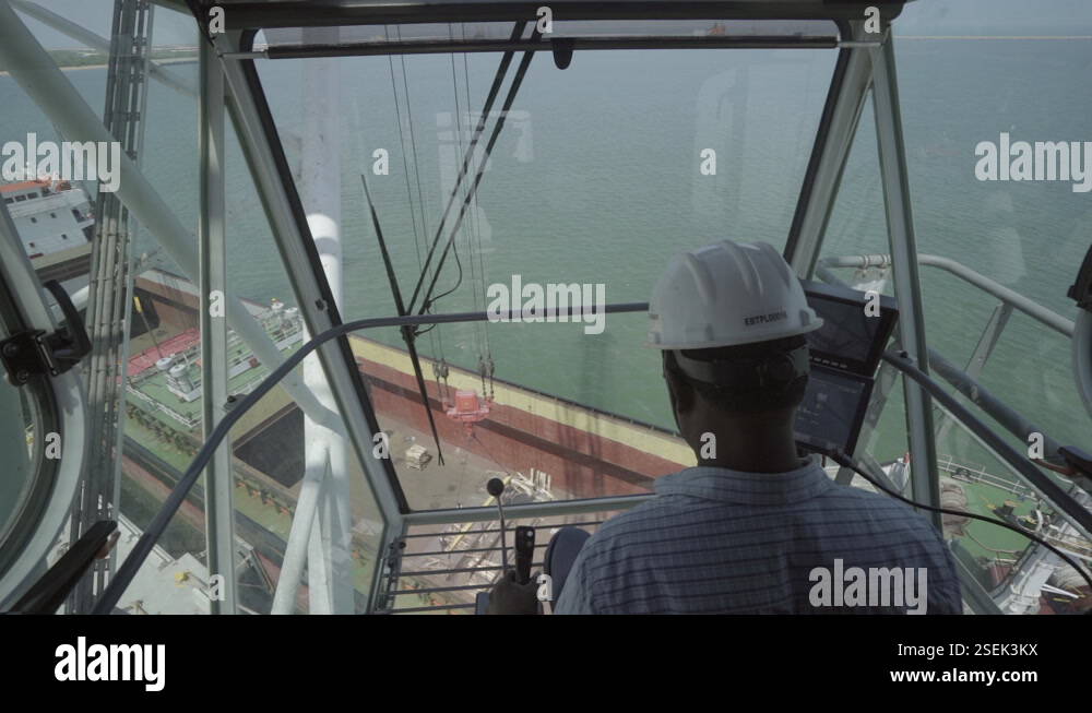 View from cab of tower crane operator in bulk terminal sea port, India ...