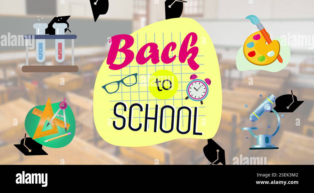 Animation of back to school text and school items icons over empty ...