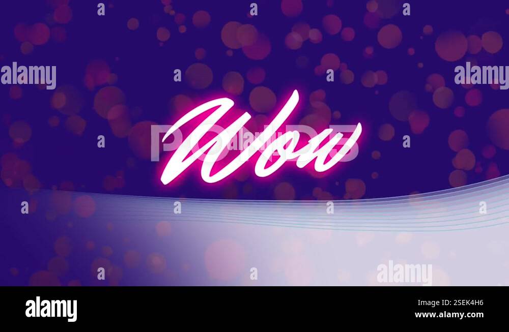 Digital animation of neon pink wow text over red spots of light ...