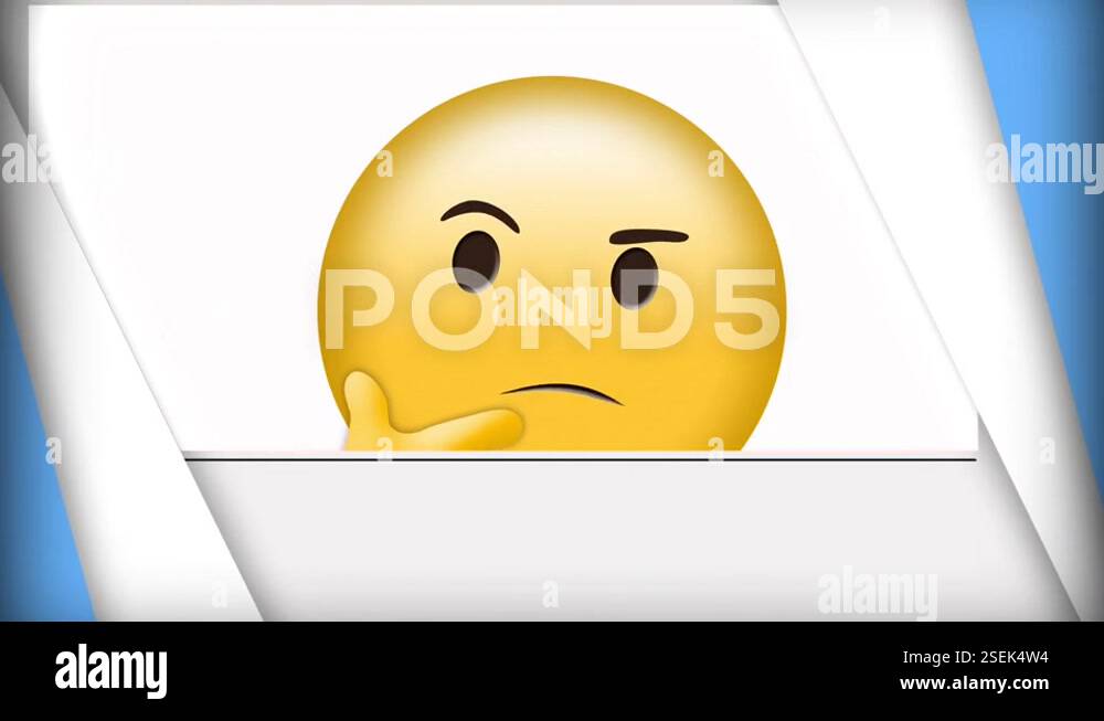 Digital animation of thinking face emoji against white and blue ...