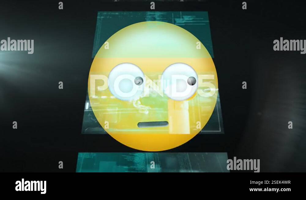 Digital animation of confused face emoji against screens with data ...
