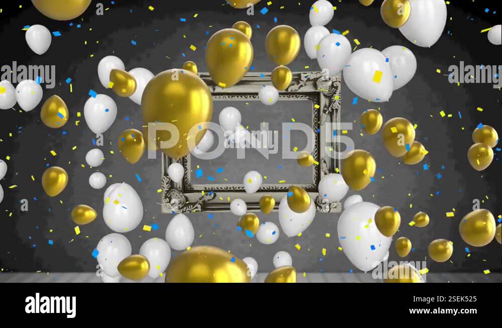 Confetti falling and multiple balloons floating against a frame on grey ...