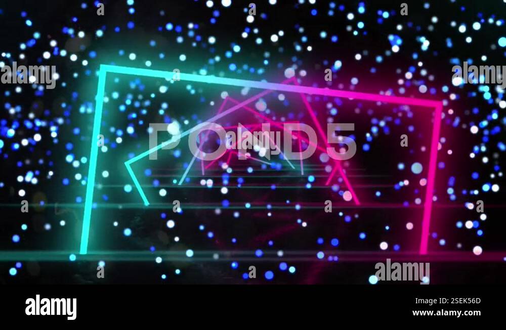 Neon squares spinning in seamless motion and blue spots of light on ...