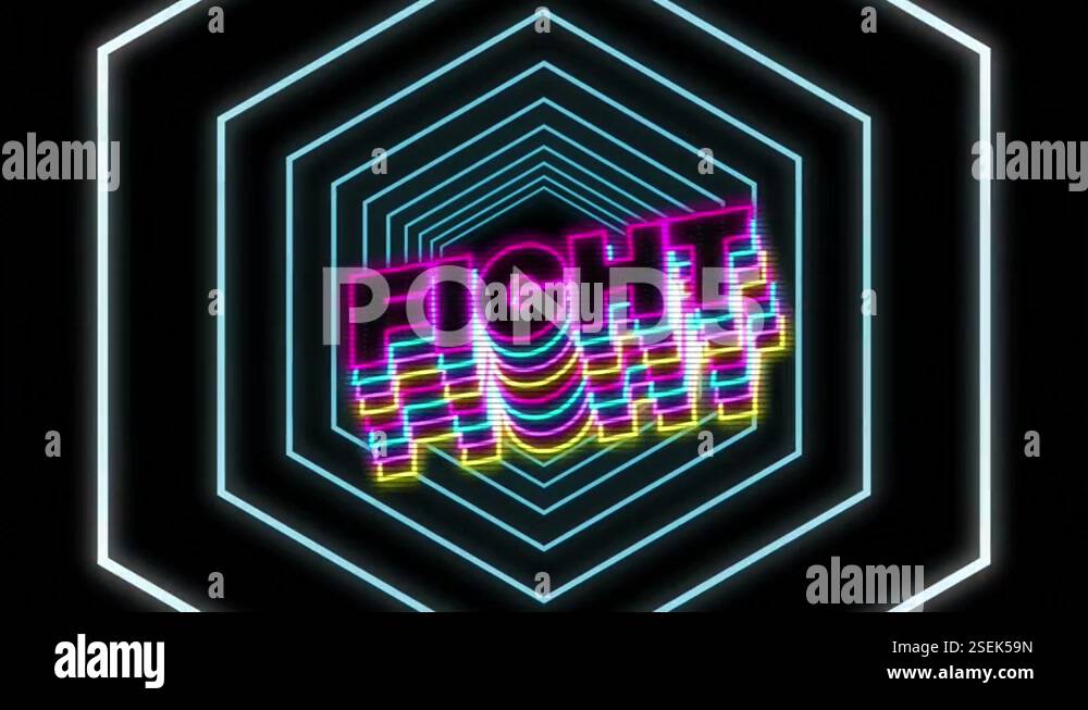 Neon fight text with shadow effect against neon blue hexagons in ...