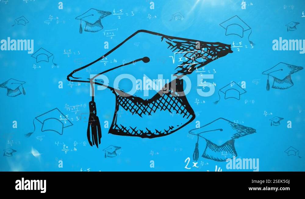 Multiple graduations cap icons against mathematical equations floating ...