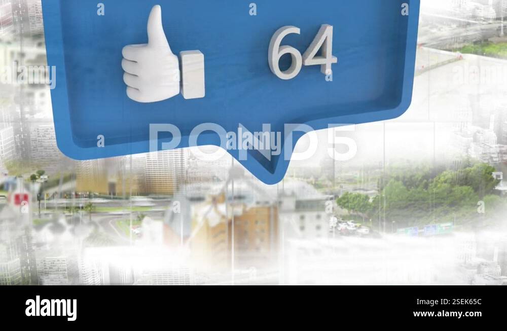 Like icon with increasing numbers on blue speech bubble against view of ...