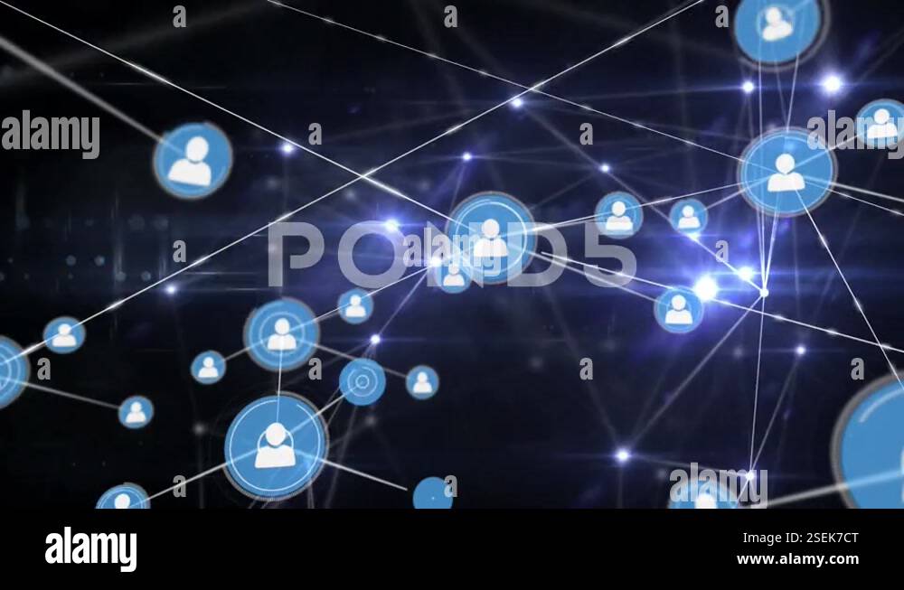 Animation of networks of connections with icons over black background ...