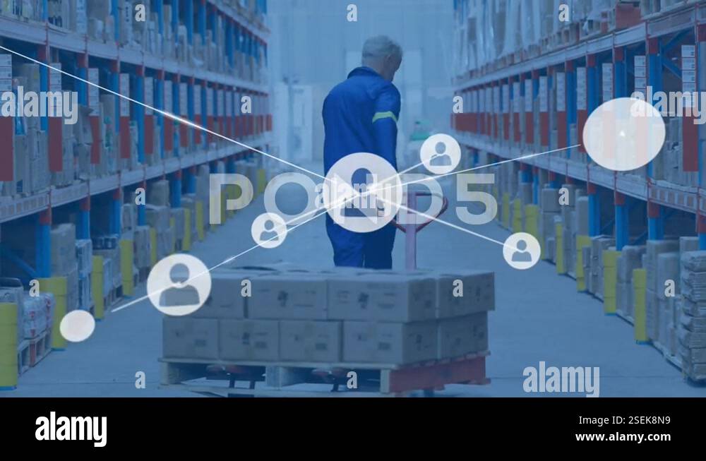 Animation of network of connections with icons over man working in warehouse Stock Video Footage ...