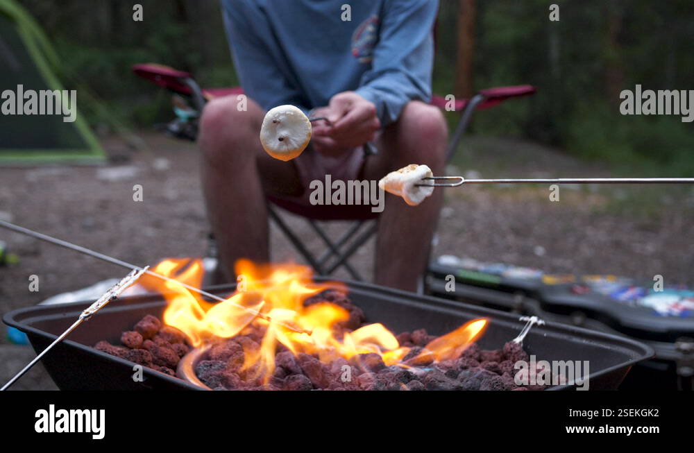 person toasting marshmallows over the fire camping. using a propane ...