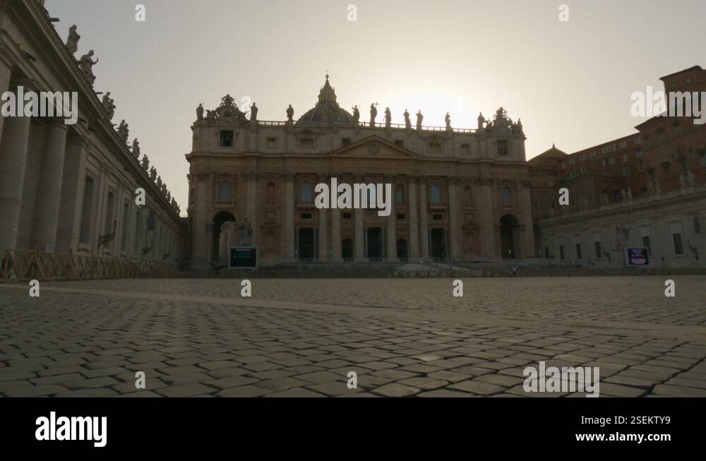 First-person view of St. Peter church square in Rome. Low angle and ...