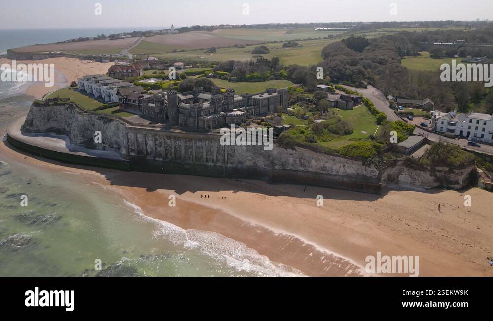 Kingsgate castle Kent chalk cliff British coastal bay landmark Aerial ...