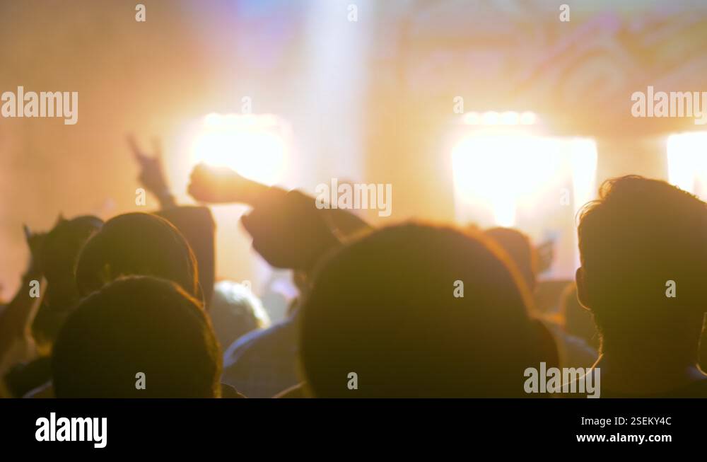 Slow motion: silhouettes of people partying at rock concert in front of ...
