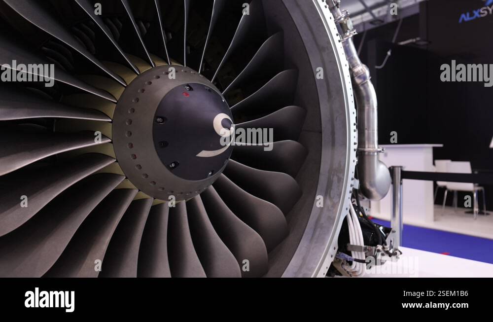 Modern turbofan engine. close up of turbojet of aircraft on black ...
