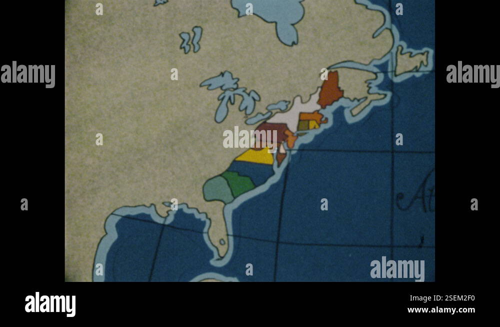 1970s: Animation. Map of North America with colorful sections. King ...