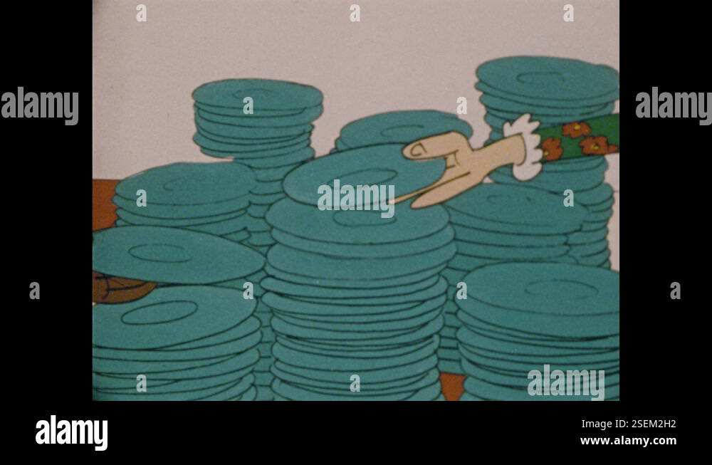 1970s: Musician plays. People eat. Plates stack up. Man screws ...