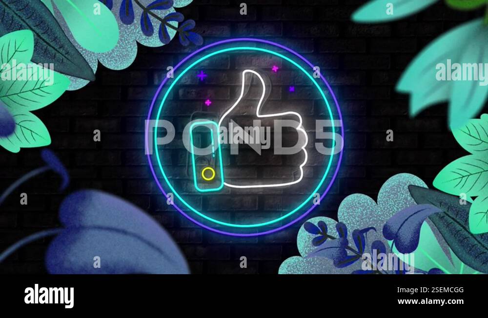 Digital animation of floral designs over neon blue like icon on round ...