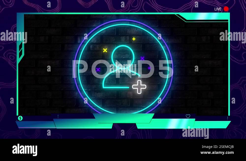 Digital animation of digital interface over neon blue add friend icon ...