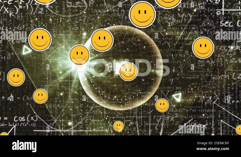 Smiling face emojis floating over light trails against mathematical ...