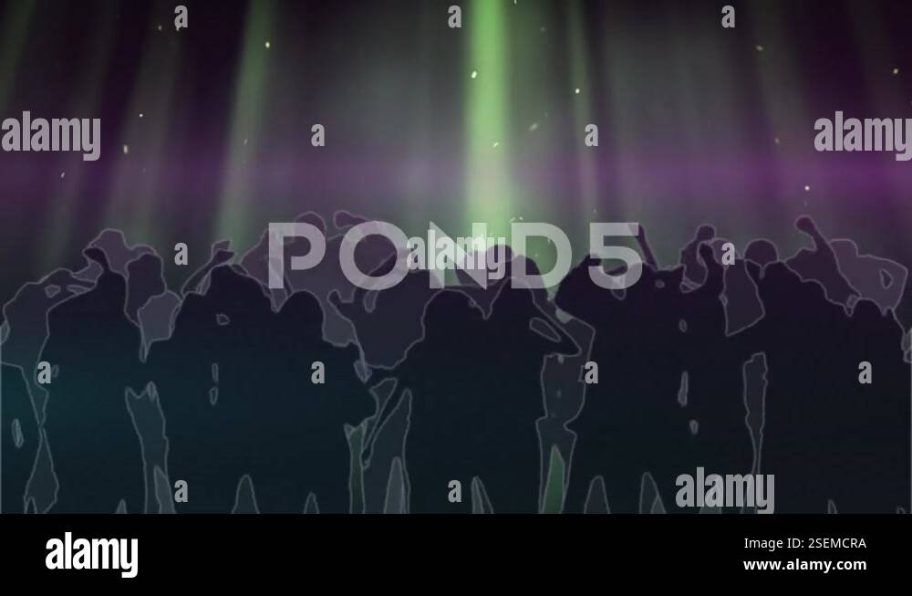Digital animation of green and purple shining lights over silhouette of ...