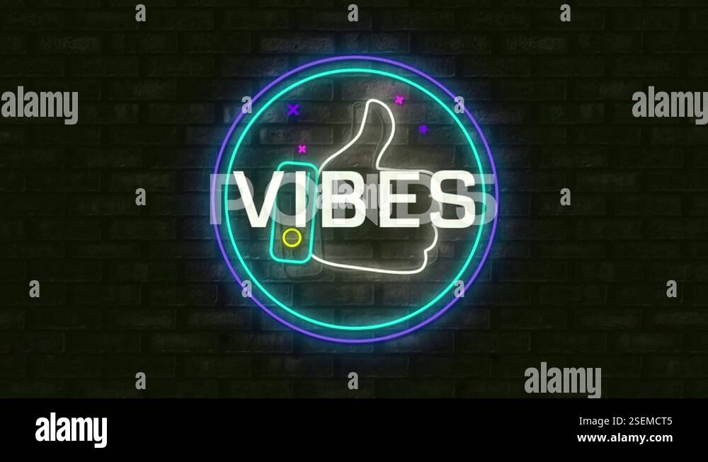 Digital animation of vibes text over neon blue like icon on round ...