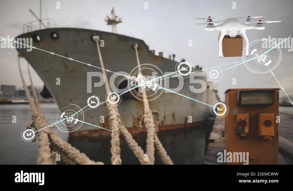 Network of digital icons over drone carrying a delivery box against ...