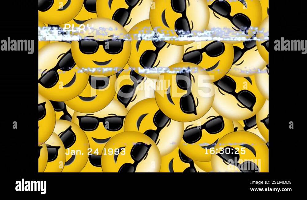 Vhs glitch effect over multiple face wearing sunglasses emojis on black ...