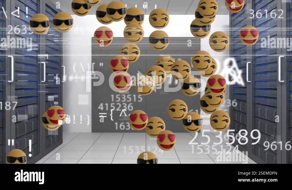 Digital animation of multiple changing numbers and face emojis floating against Stock Video ...