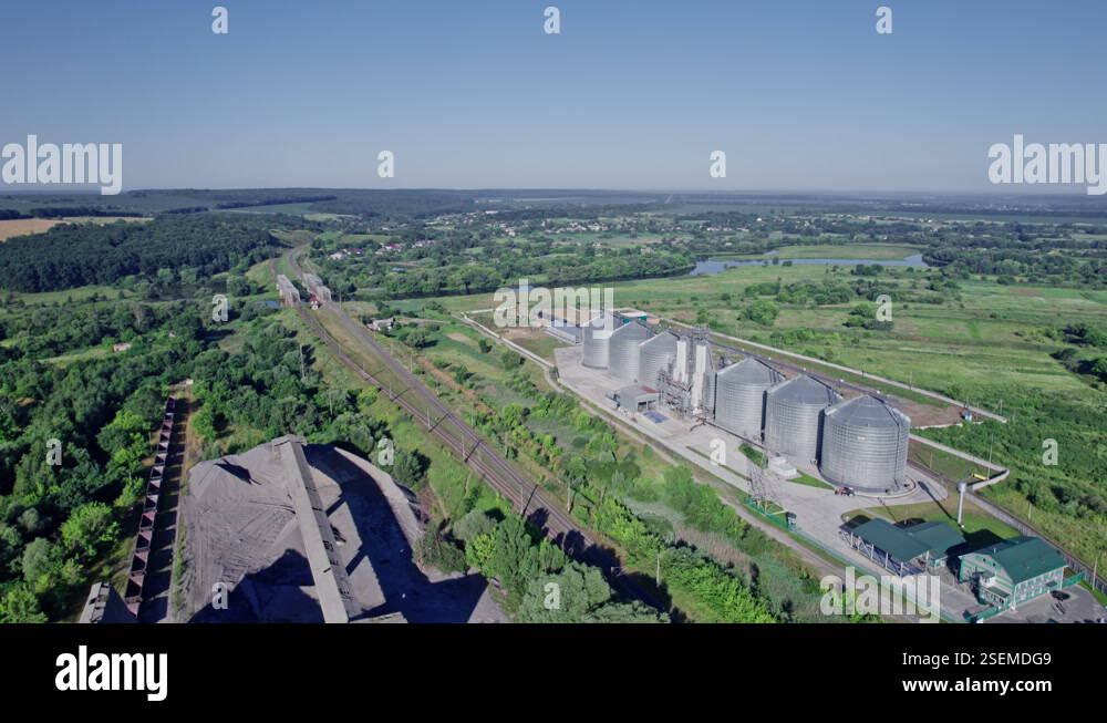 Grain warehouse, granary. Large steel towers for storing crops Stock ...