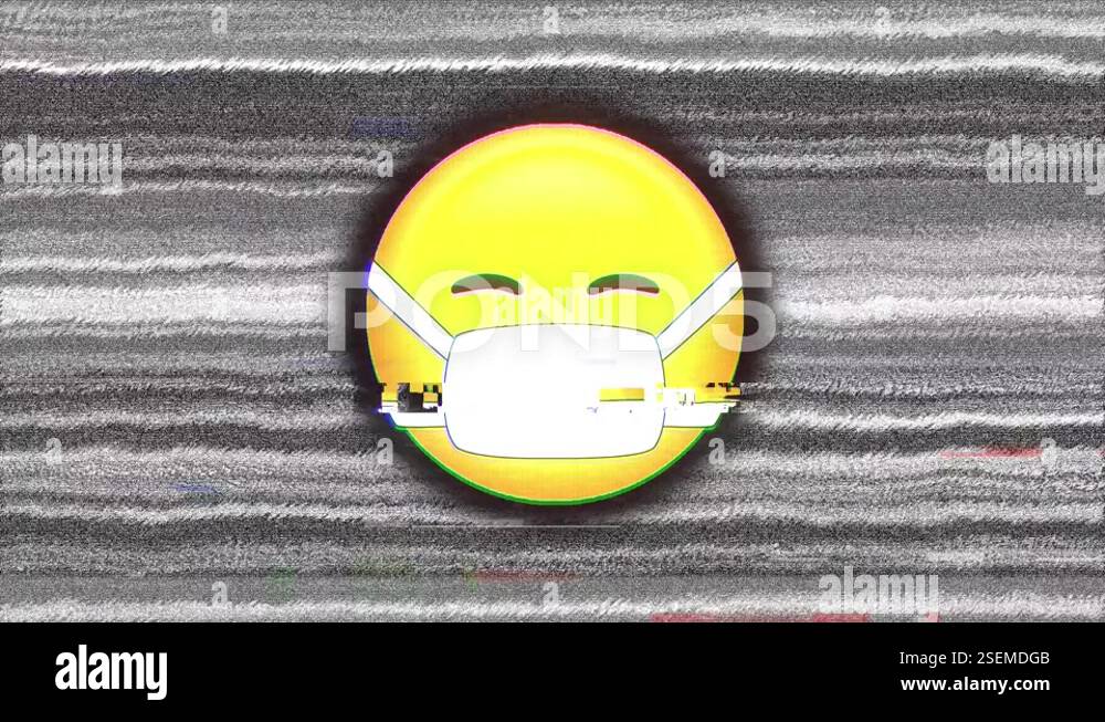 Digital animation of face wearing a mask emoji against tv static effect ...