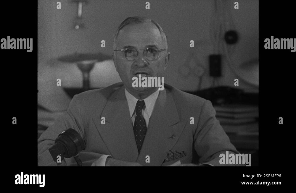 1940s: President Harry S. Truman laughs, pauses, continues speech about ...